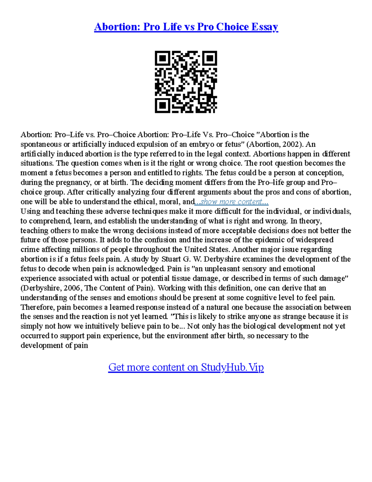 Pro Choice Abortion Essays - Abortion: Pro Life vs Pro Choice Essay ...