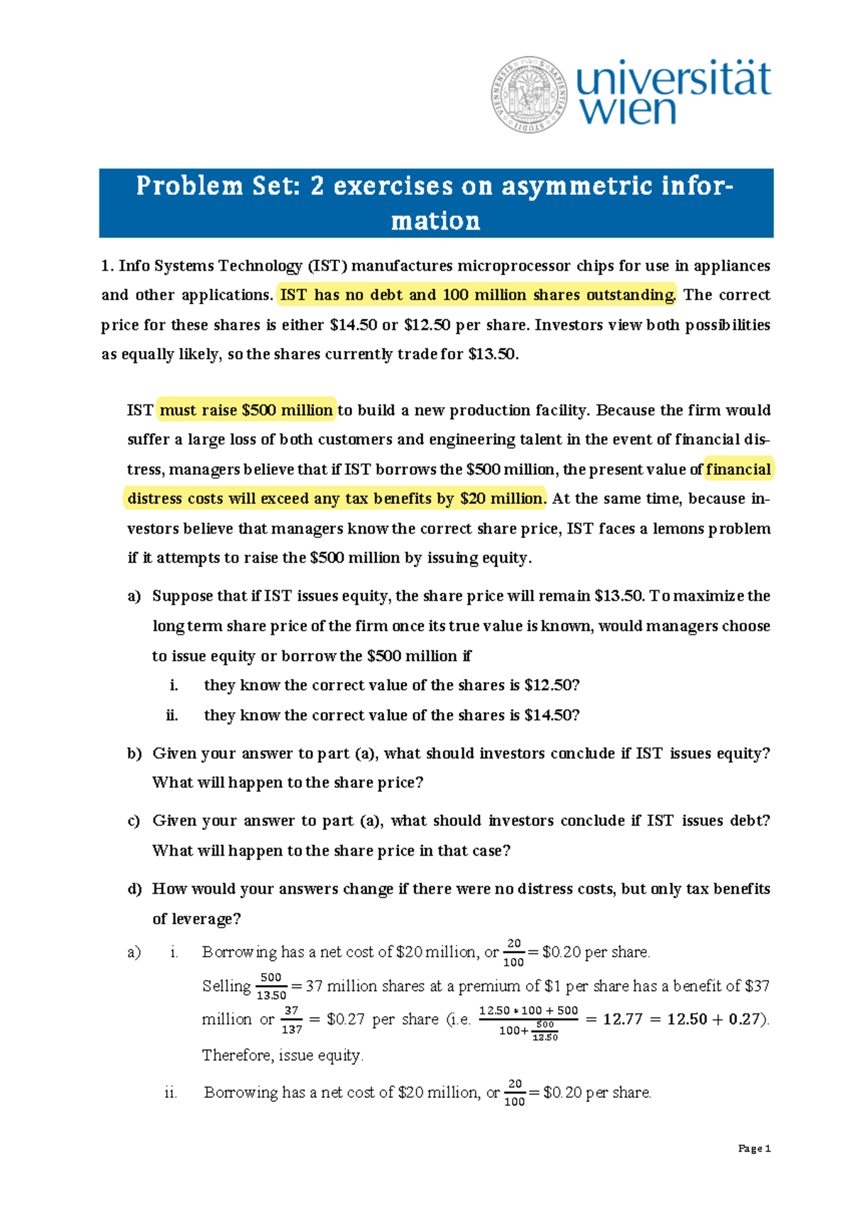 Problem Set 2Solutions - Page 1 Problem Set: 2 exercises on asymmetric infor- mation Info ...