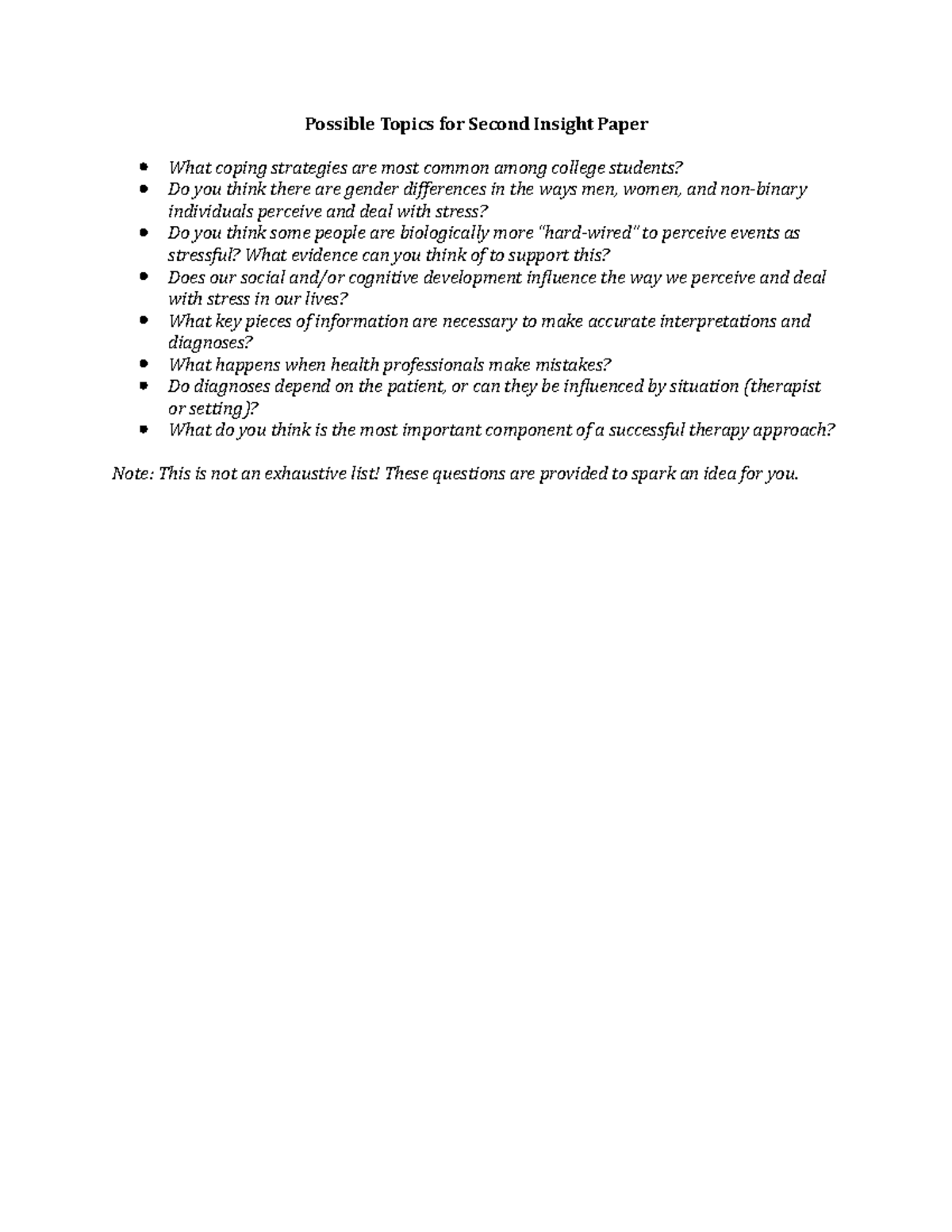 Possible Topics for Second Insight Paper - Studocu