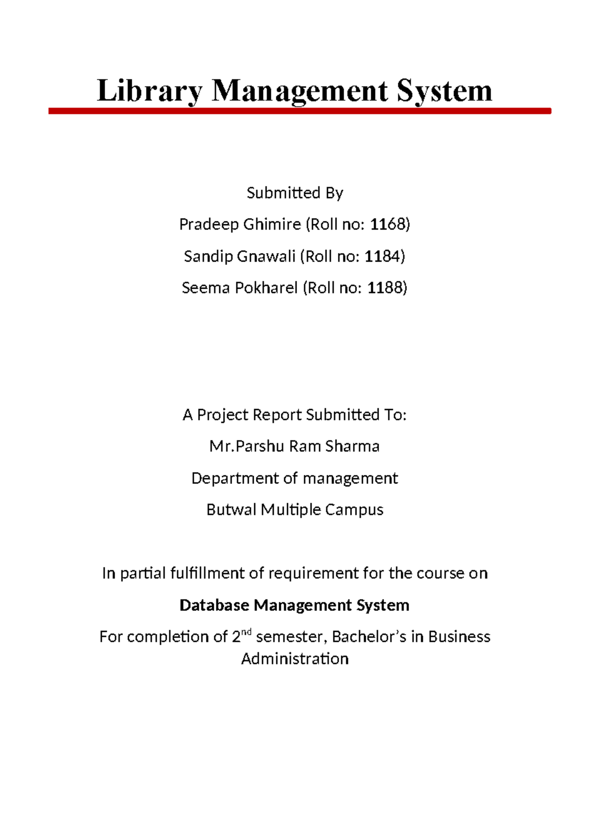 @DBMS report - Library Management System Submitted By Pradeep Ghimire ...