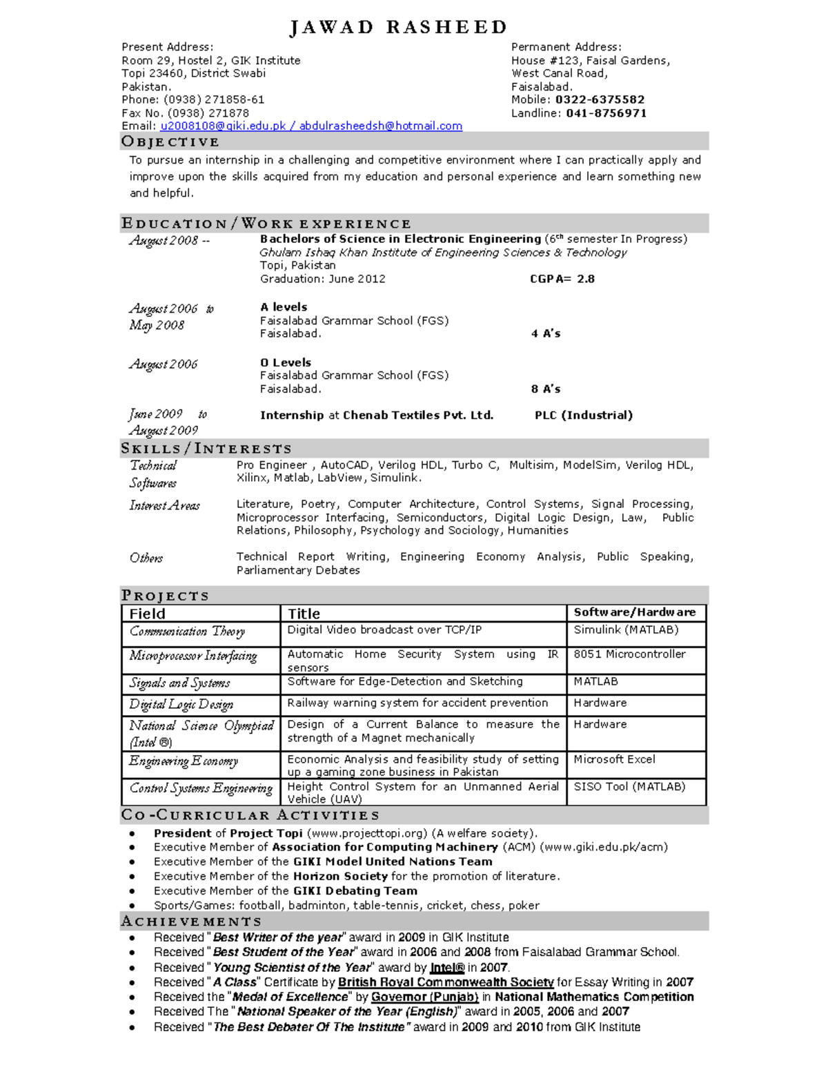 56106128 Jawad Rasheed GIKI CV Latest - J A W A D R A S H E E D Present ...