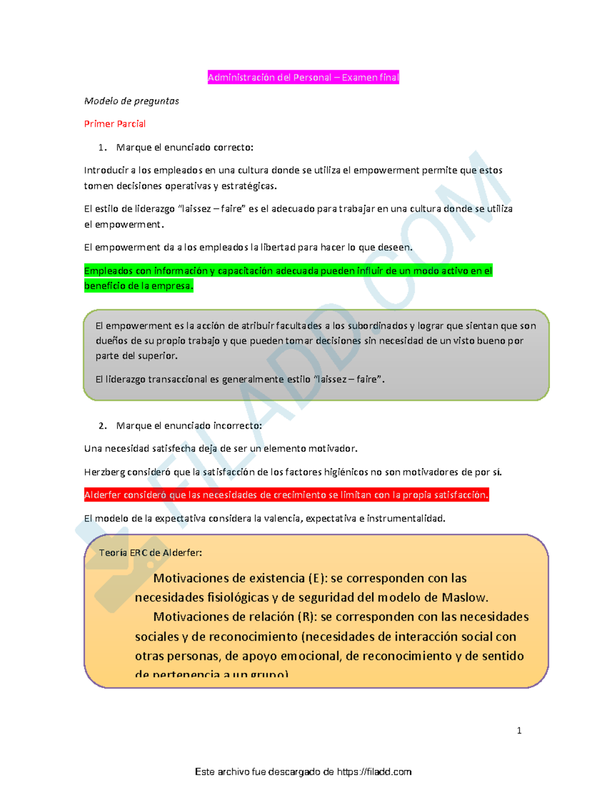Modelo de preguntas - 1 Administración del Personal – Examen final Modelo de preguntas Primer ...