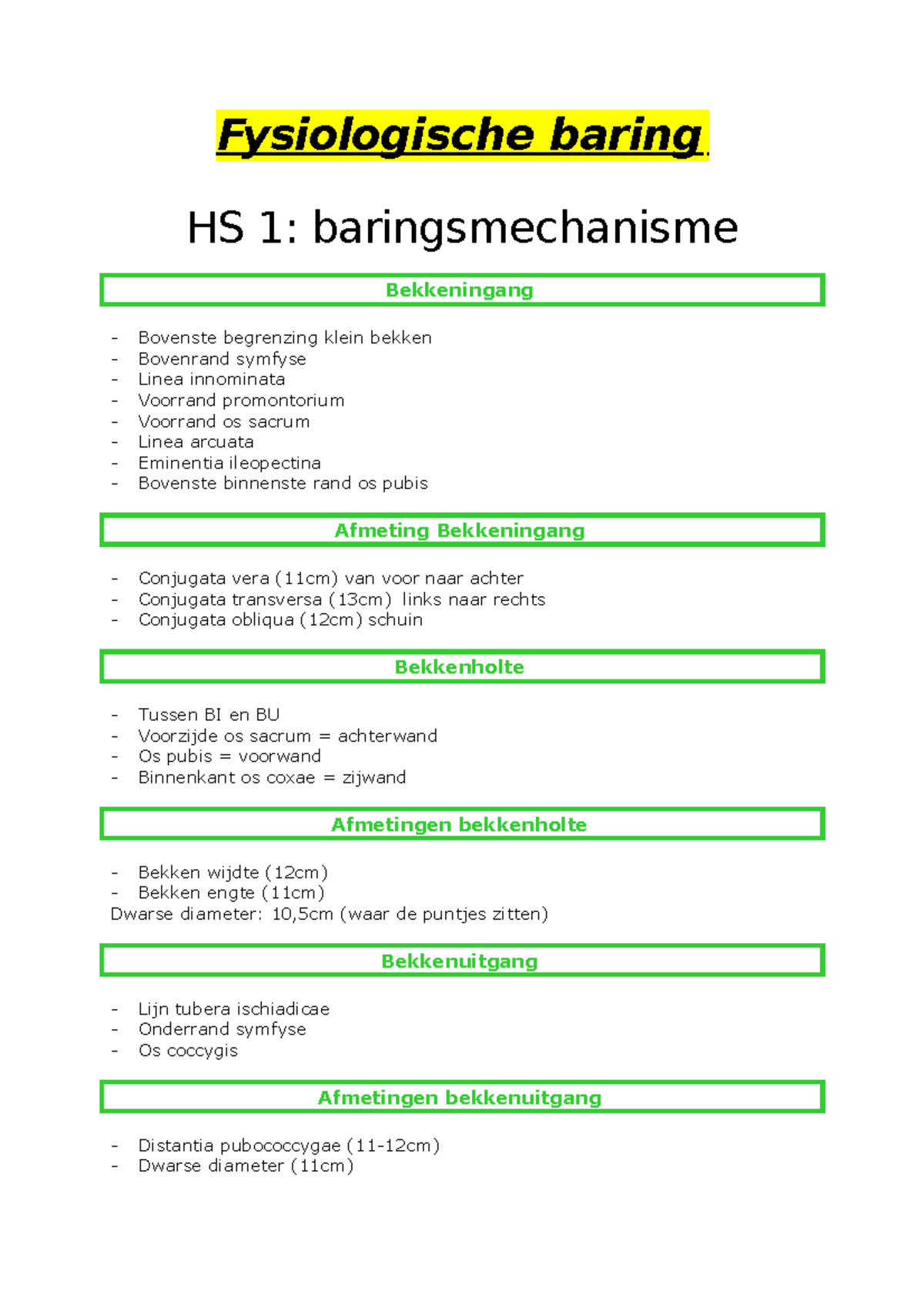 Fysiologische baring - samenvatting - Fysiologische baring HS 1 ...