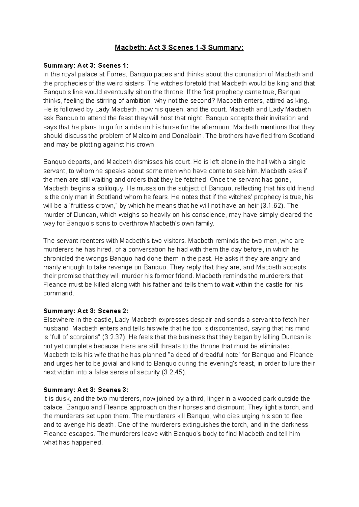 Macbeth Act 3 Scenes 1-3 Summary - Macbeth: Act 3 Scenes 1-3 Summary ...