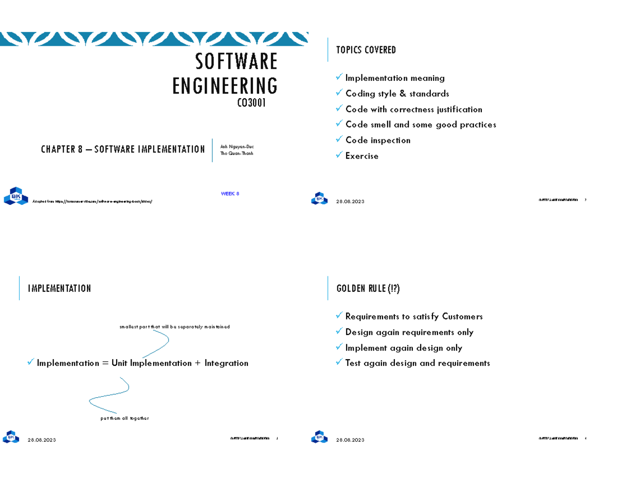 SE-chap8 - SE Chap 8 - SOFTWARE ENGINEERING Adapted from - Studocu