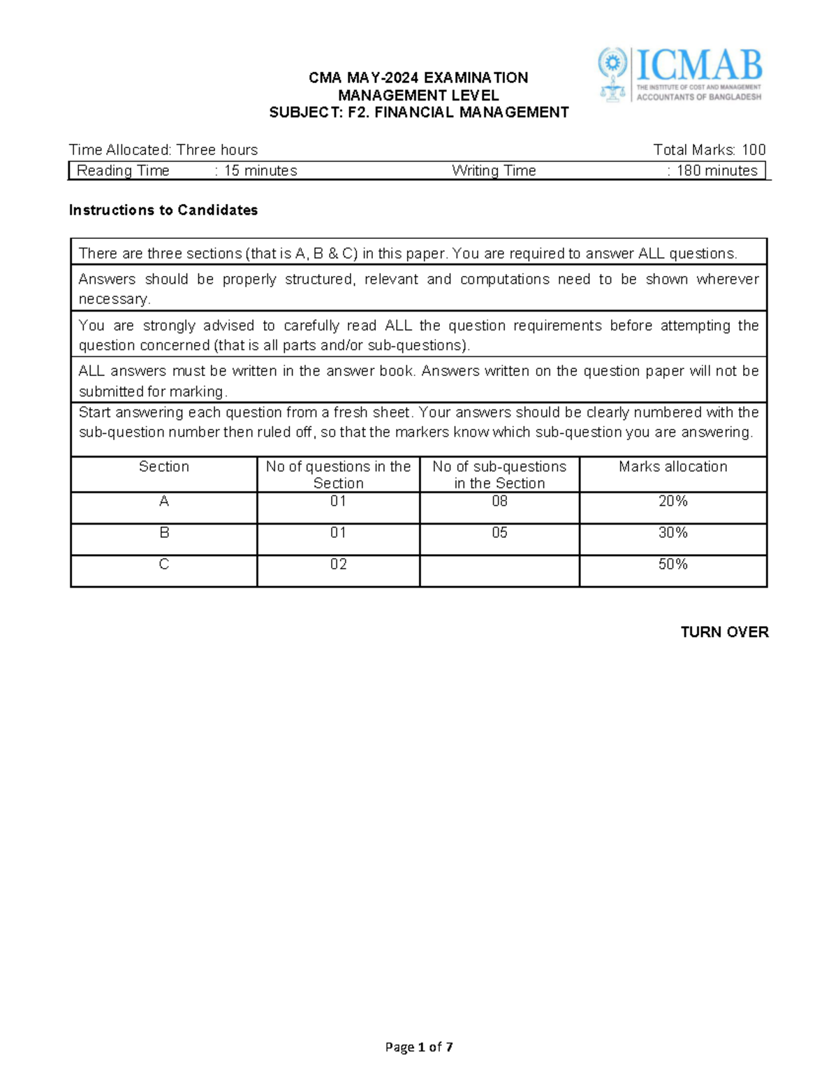 F2.FIM(M.L) Question CMA May-2024 Exam - CMA MAY-2024 EXAMINATION ...