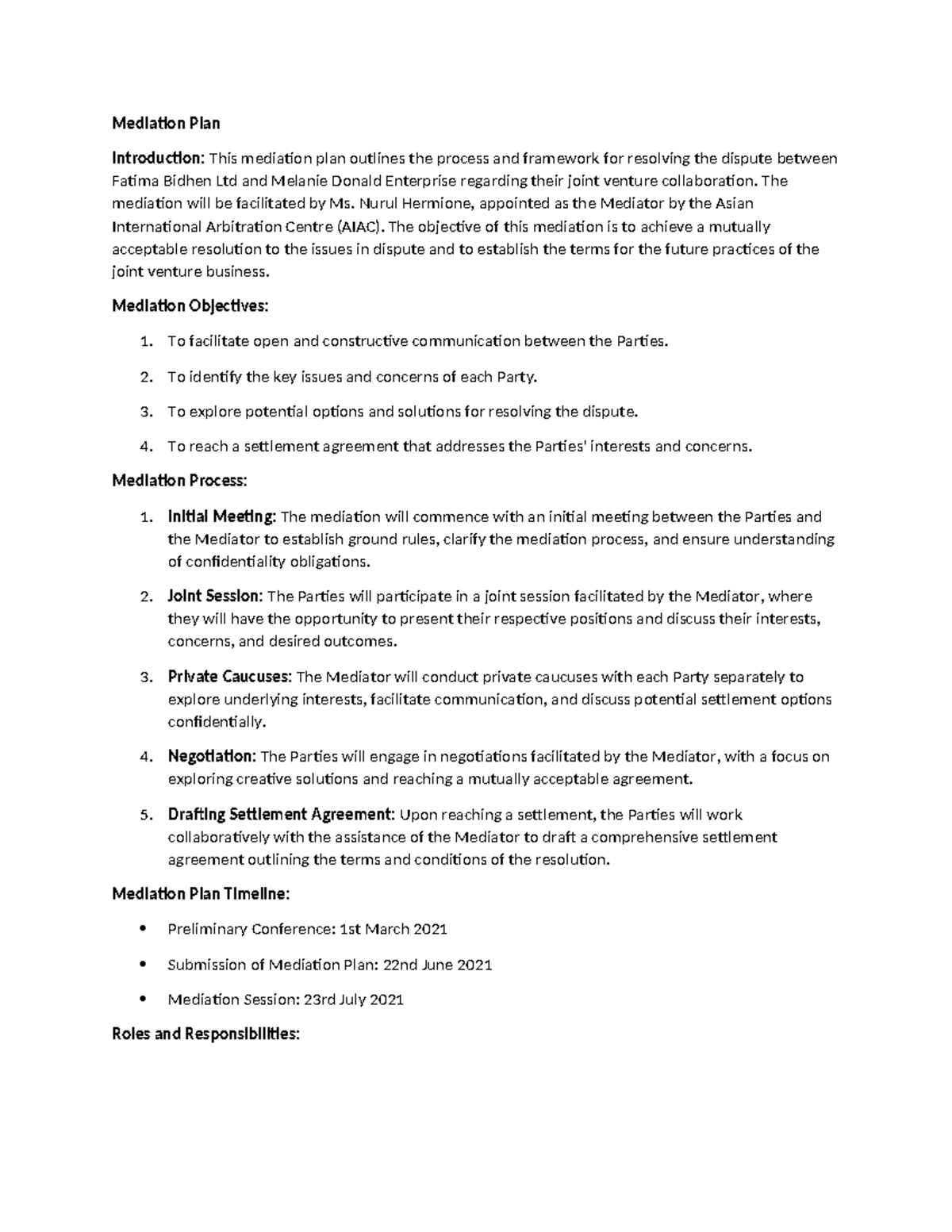 Mediation Plan - Mediation Plan Introduction: This mediation plan ...