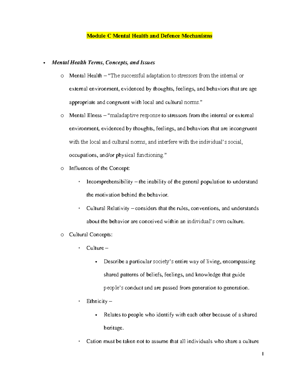 Module C Mental Health and Defence Mechanisms - ” o Mental Illness ...