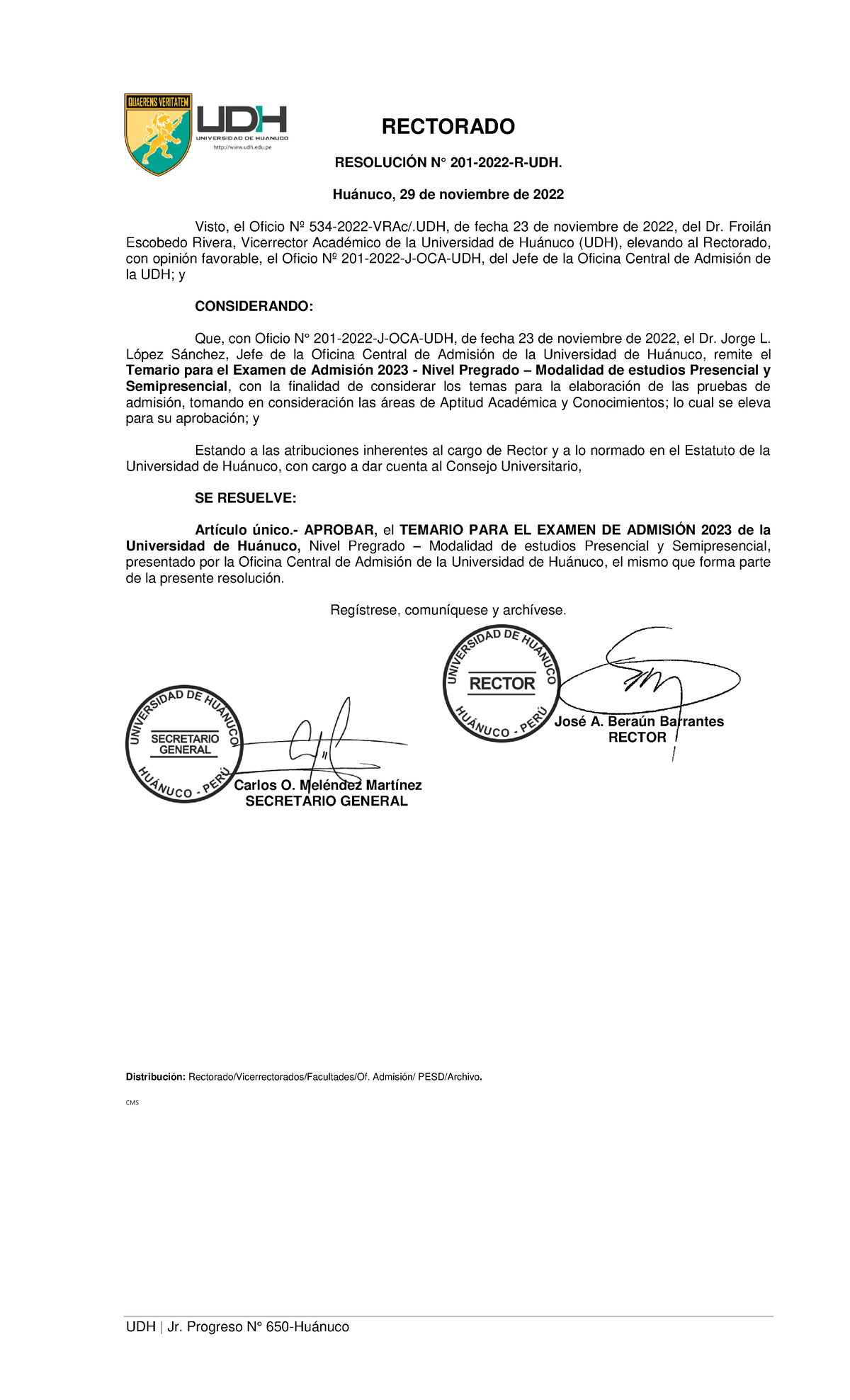 Temario - UDH | Jr. Progreso N° 650-Huánuco RECTORADO RESOLUCIÓN N° 201 ...