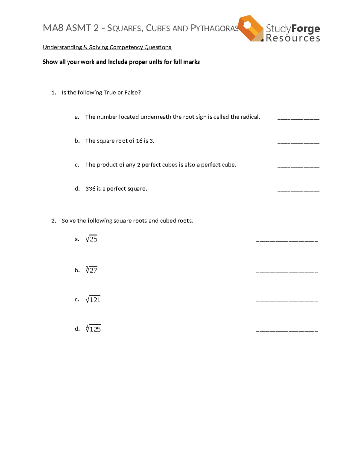 2 Squares Cubes Pythagoras Assignment with Competency - Understanding ...