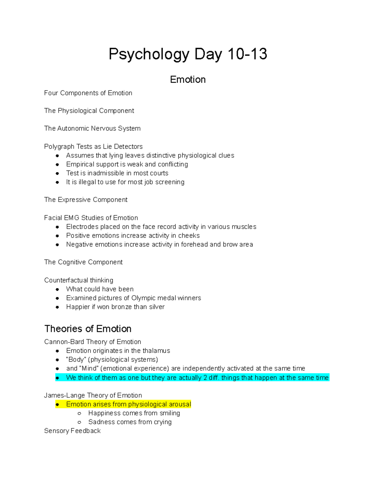 Psychology Day 10-13 - Psychology Day 10- Emotion Four Components of ...