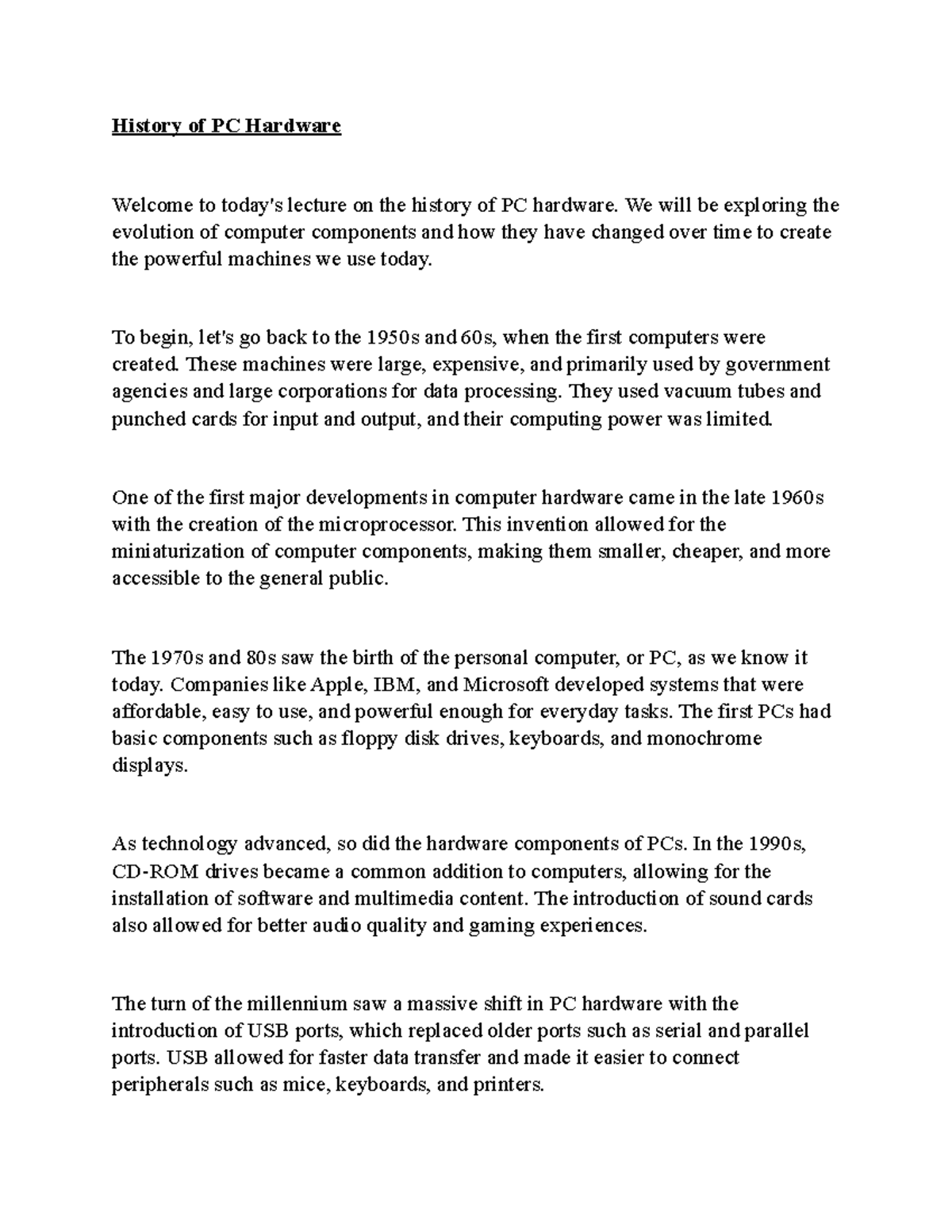 History of PC Hardware - We will be exploring the evolution of computer ...