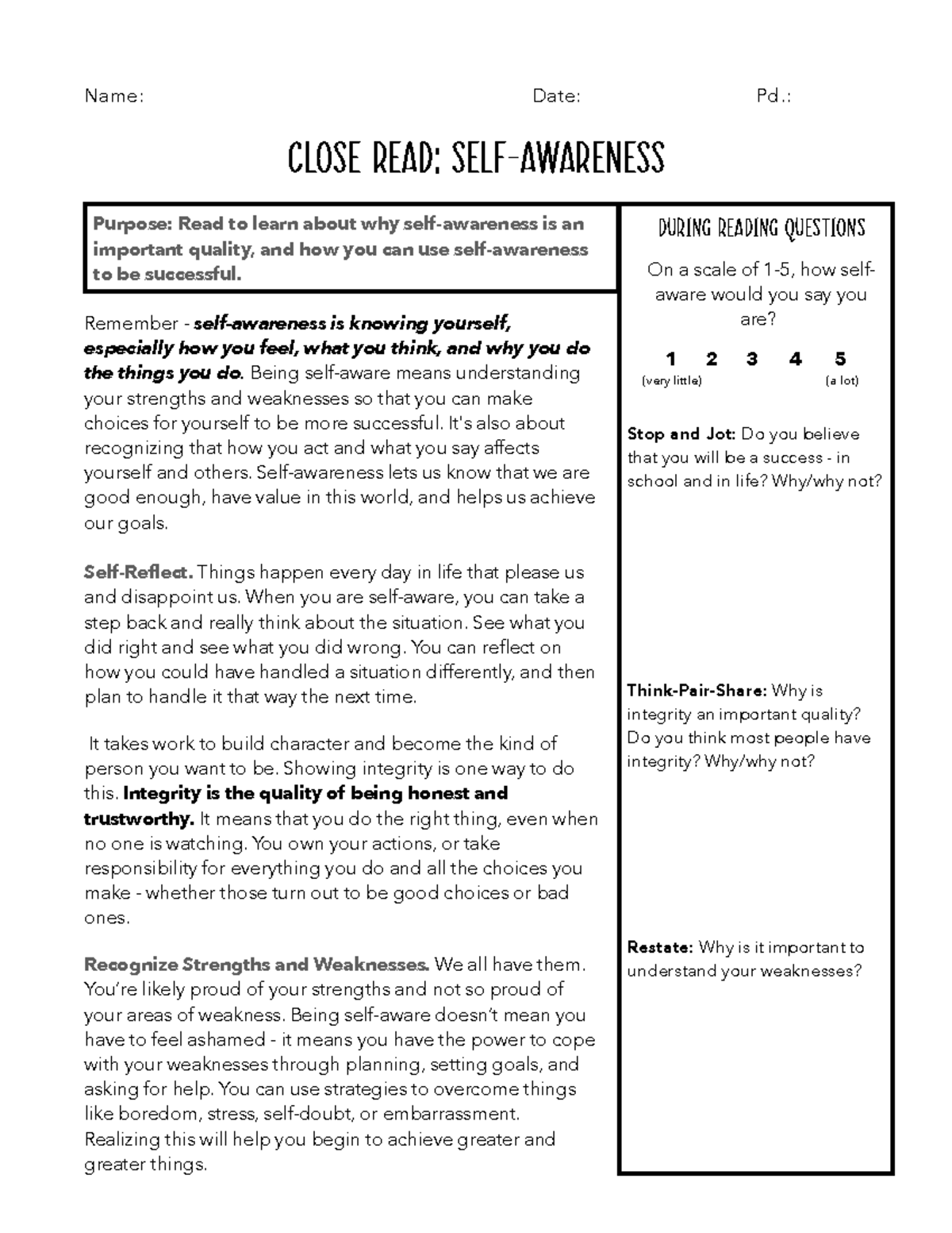 Close Read- Self-Awareness - Name: Date: Pd.: Close Read: Self ...