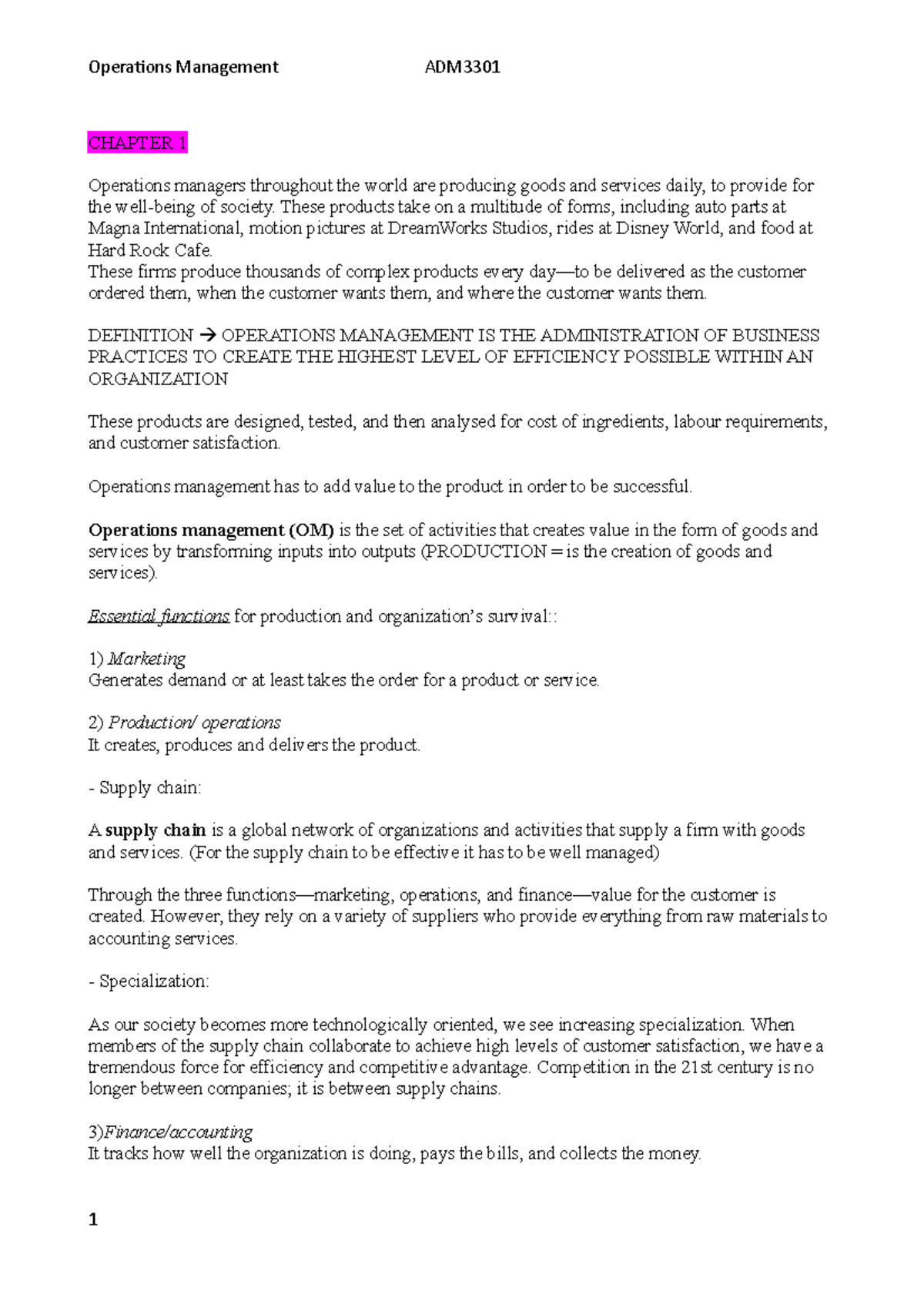 Operations Management - CHAPTER 1 Operations managers throughout the ...