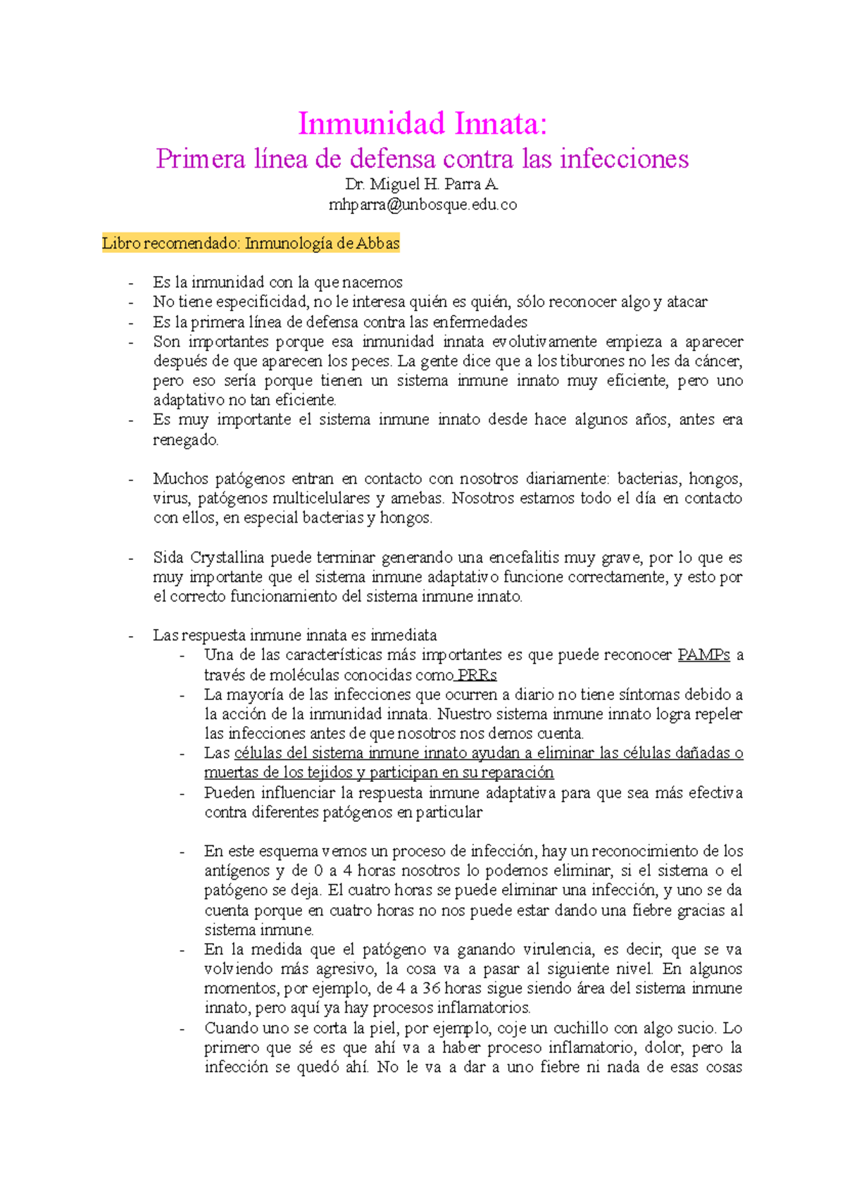 Inmunidad Innata - Apuntes Primer corte - Inmunidad Innata: Primera ...