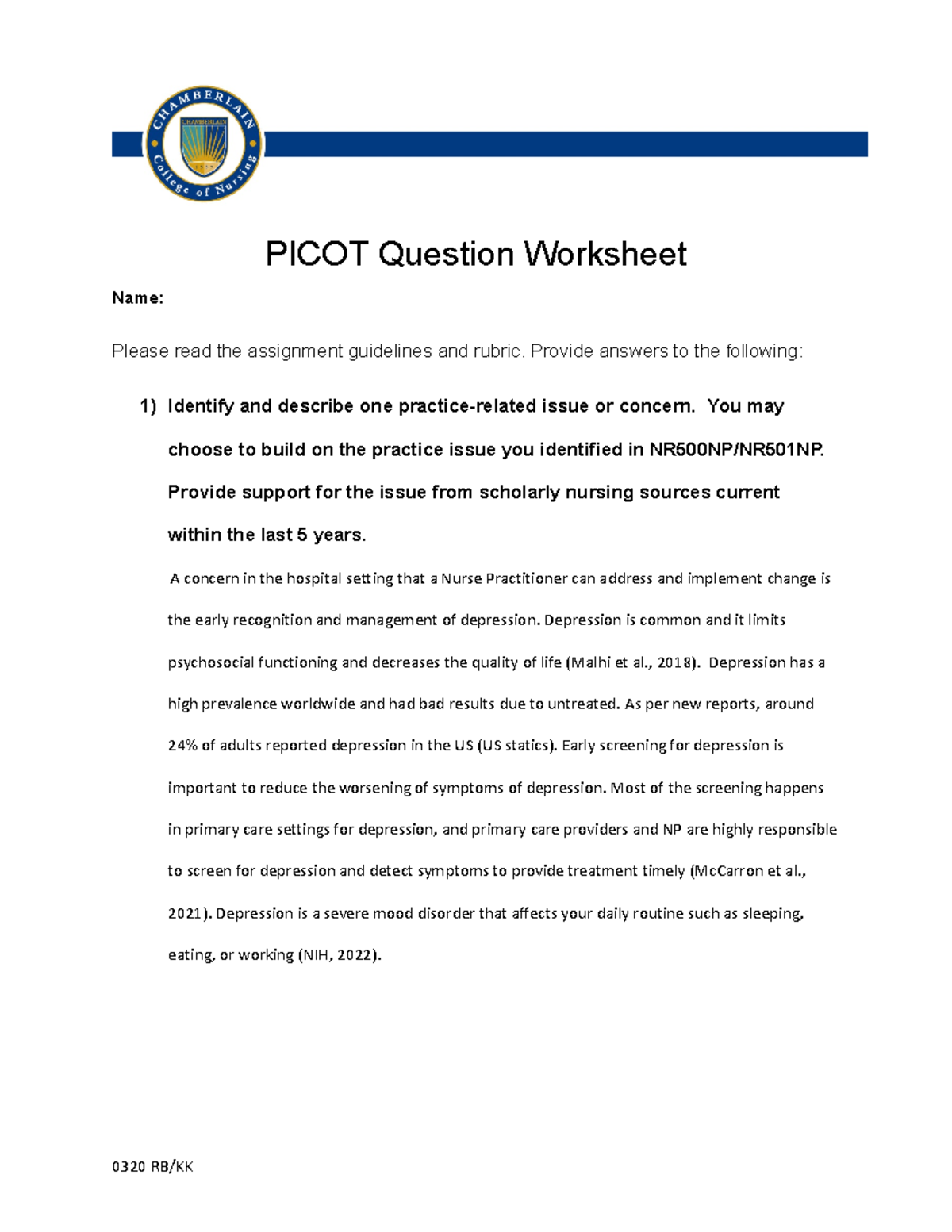 NR505NP Picot Question Worksheet 051220 (1) new - PICOT Question ...