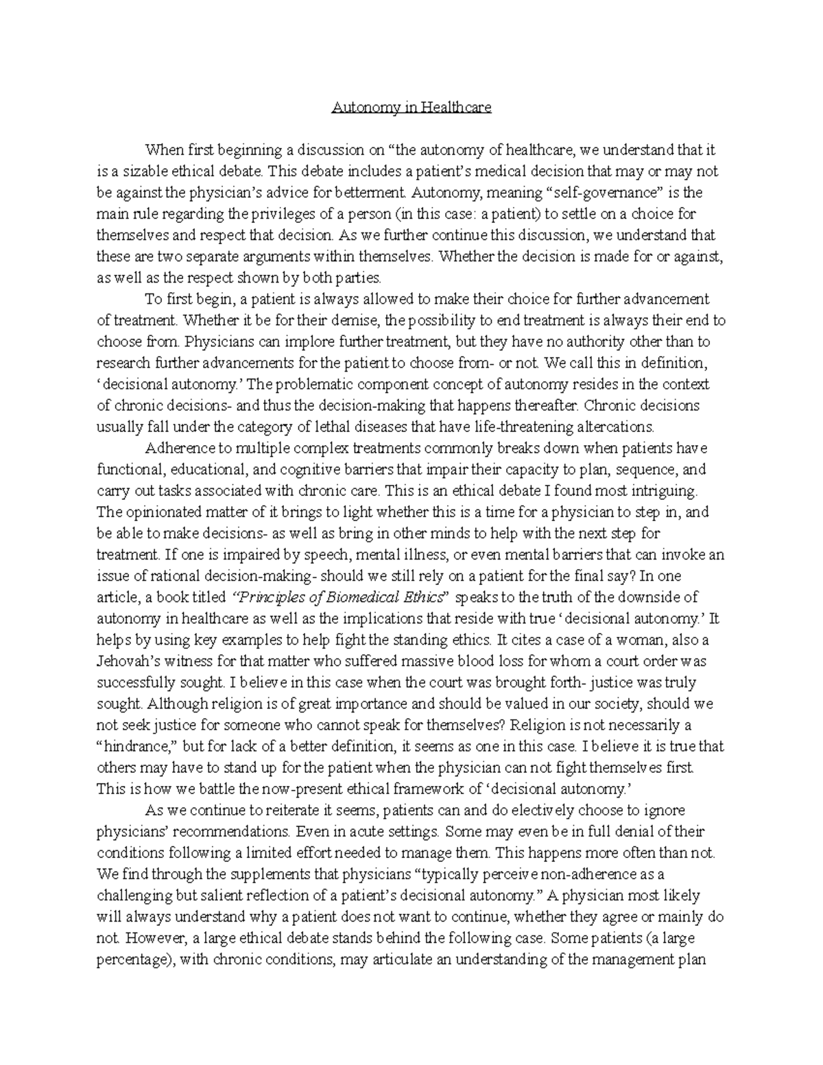Autonomy in Healthcare Paper - Autonomy in Healthcare When first ...