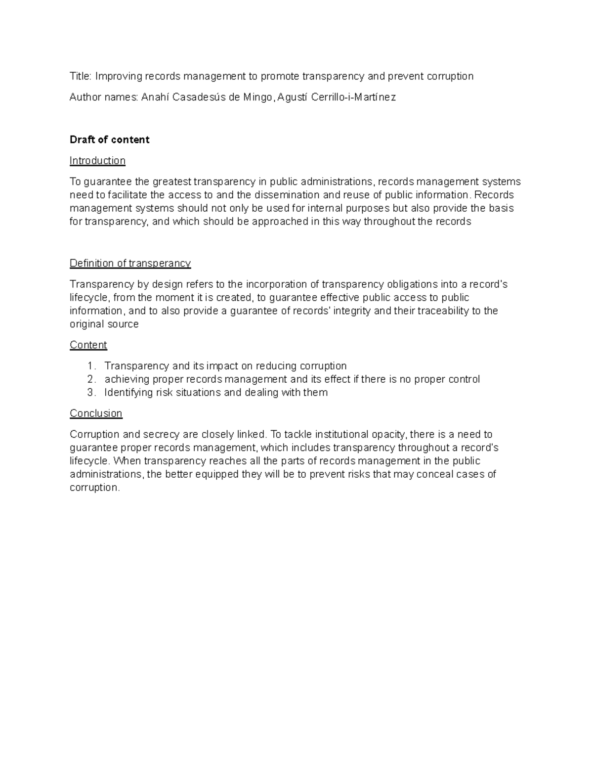 Draft IMR - imr report - Title: Improving records management to promote ...