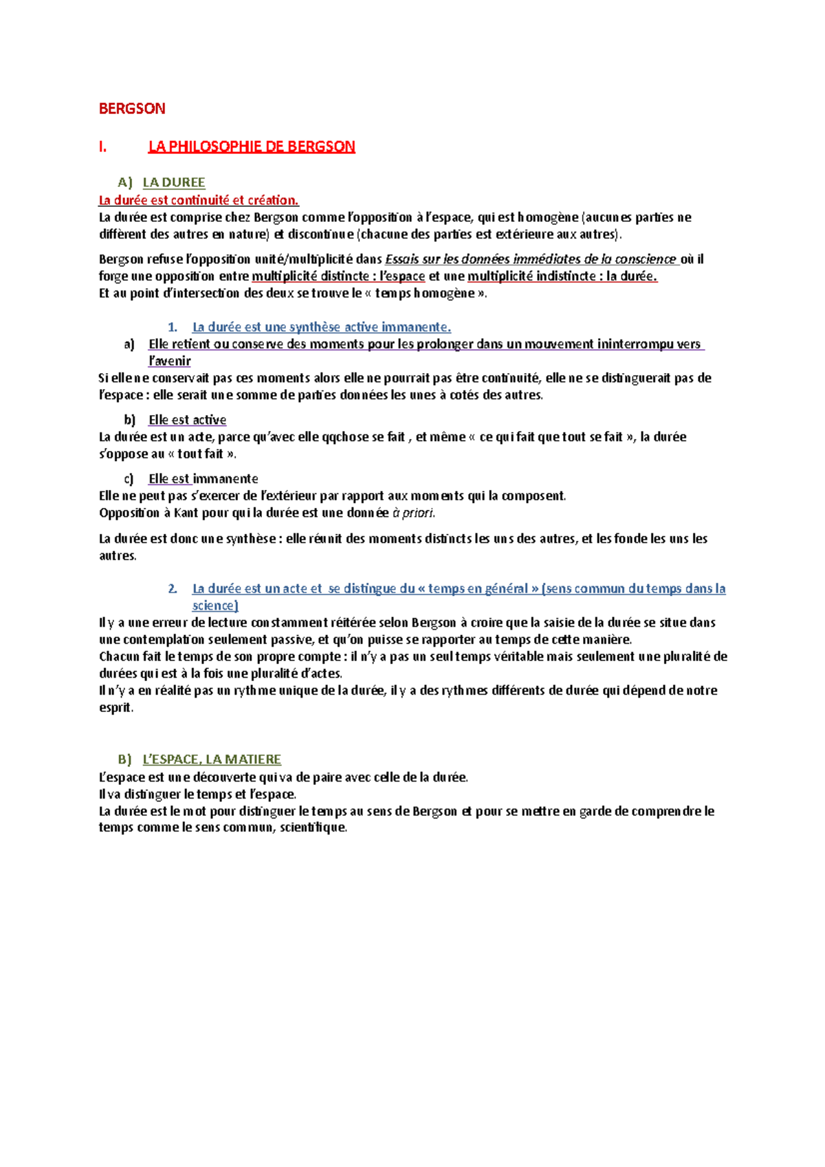 Fiche - Bergson, La durée et la spatialisation - BERGSON I. LA ...