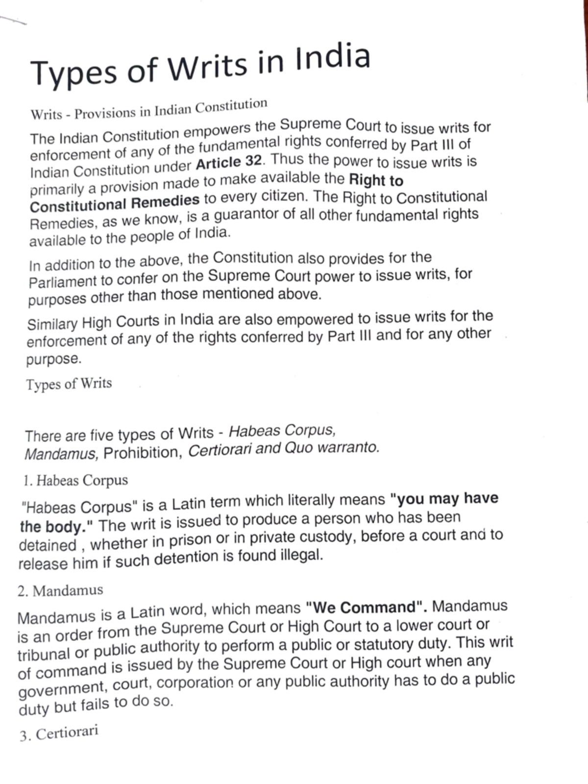 Types of writs - Typesof Writs in India Writs - Provisions in Indian ...