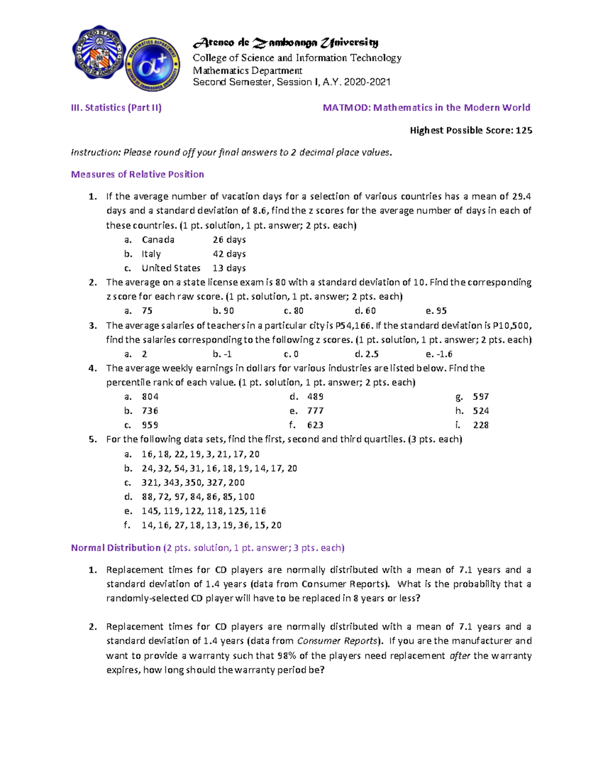 III. Statistics (Worksheet Part 2) - Ateneo de Zamboanga University ...
