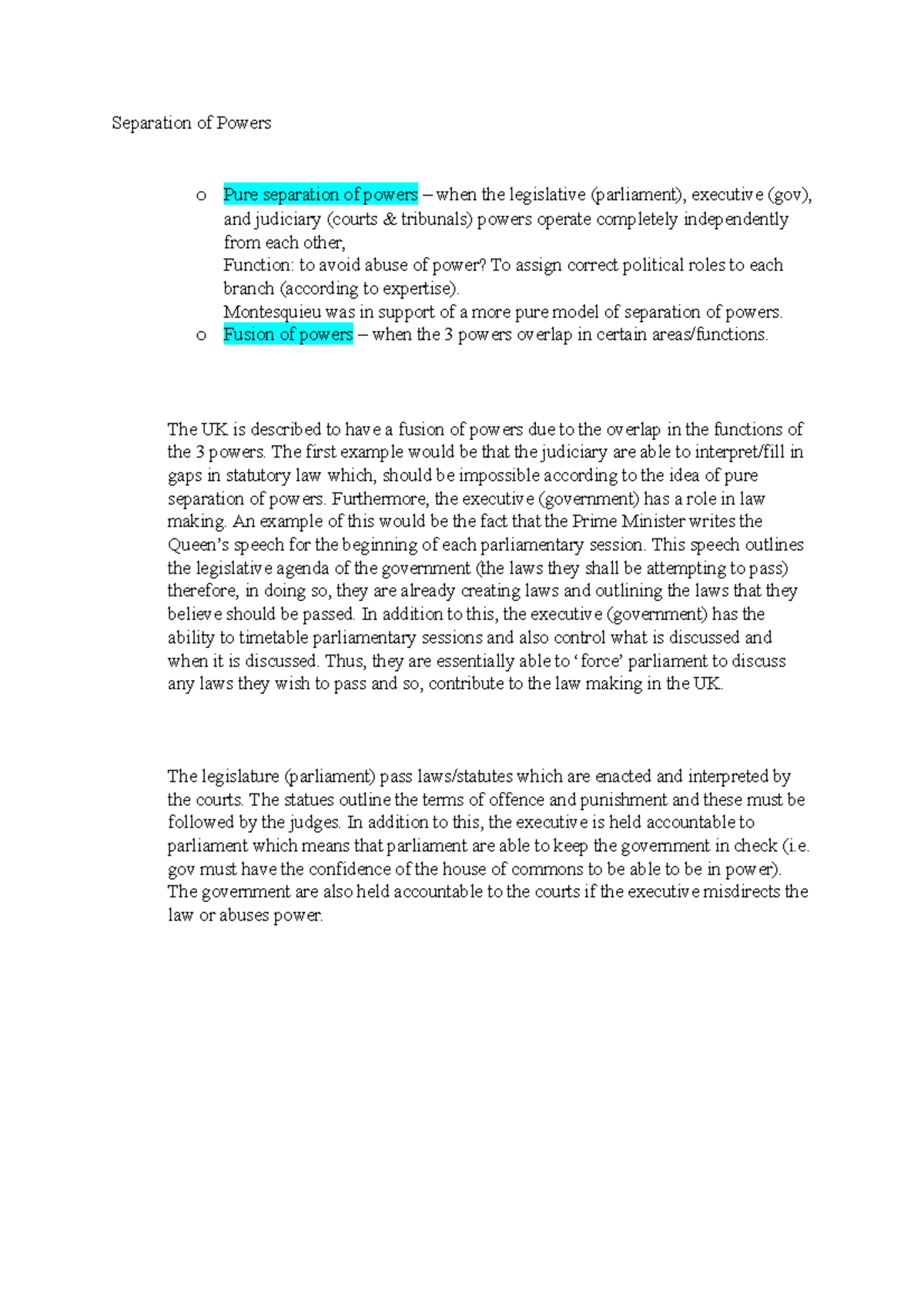 Separation of Powers - seminar answers/summaries of lectures - Separation of Powers o Pure - Studocu