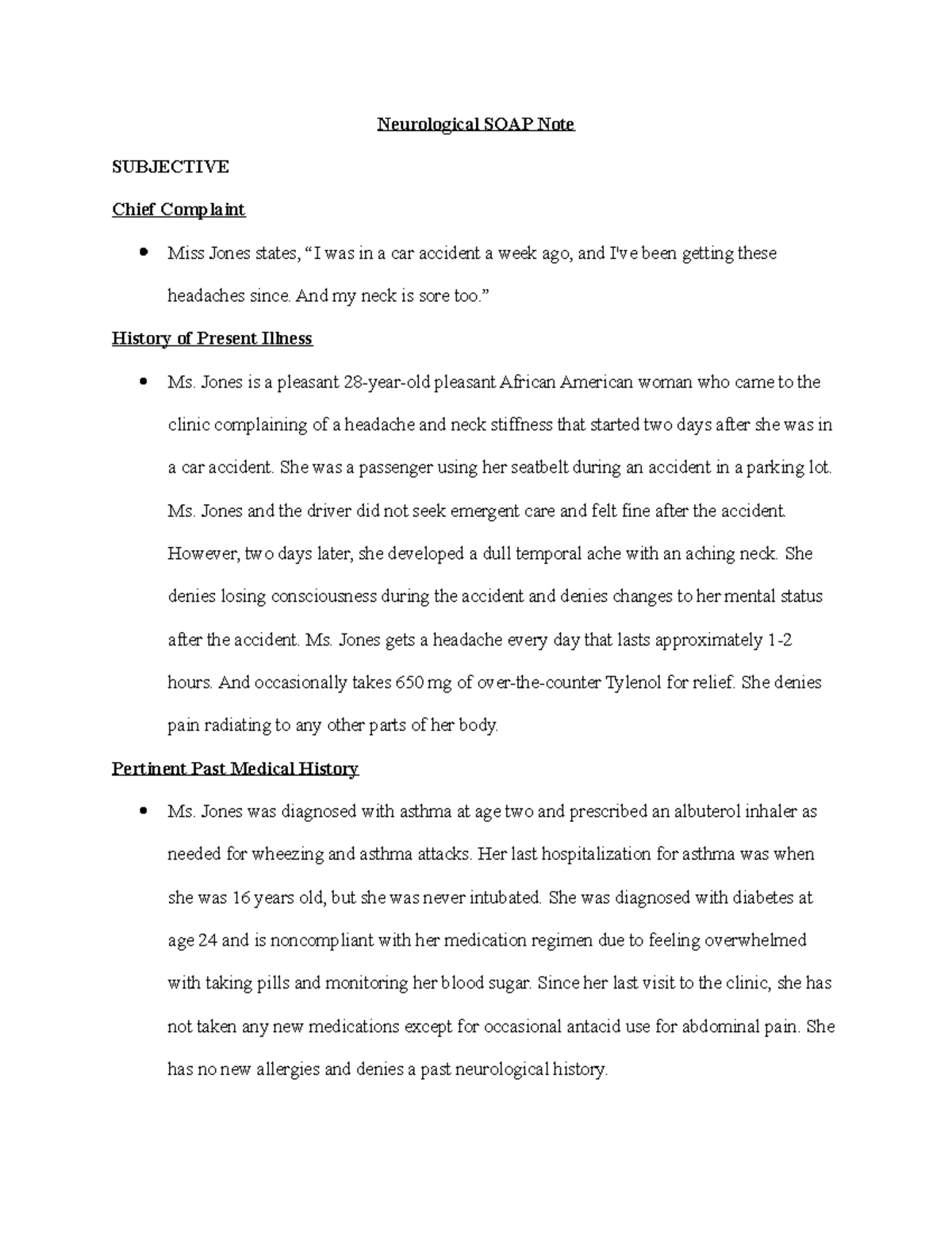 Neurological SOAP Note - Neurological SOAP Note SUBJECTIVE Chief ...