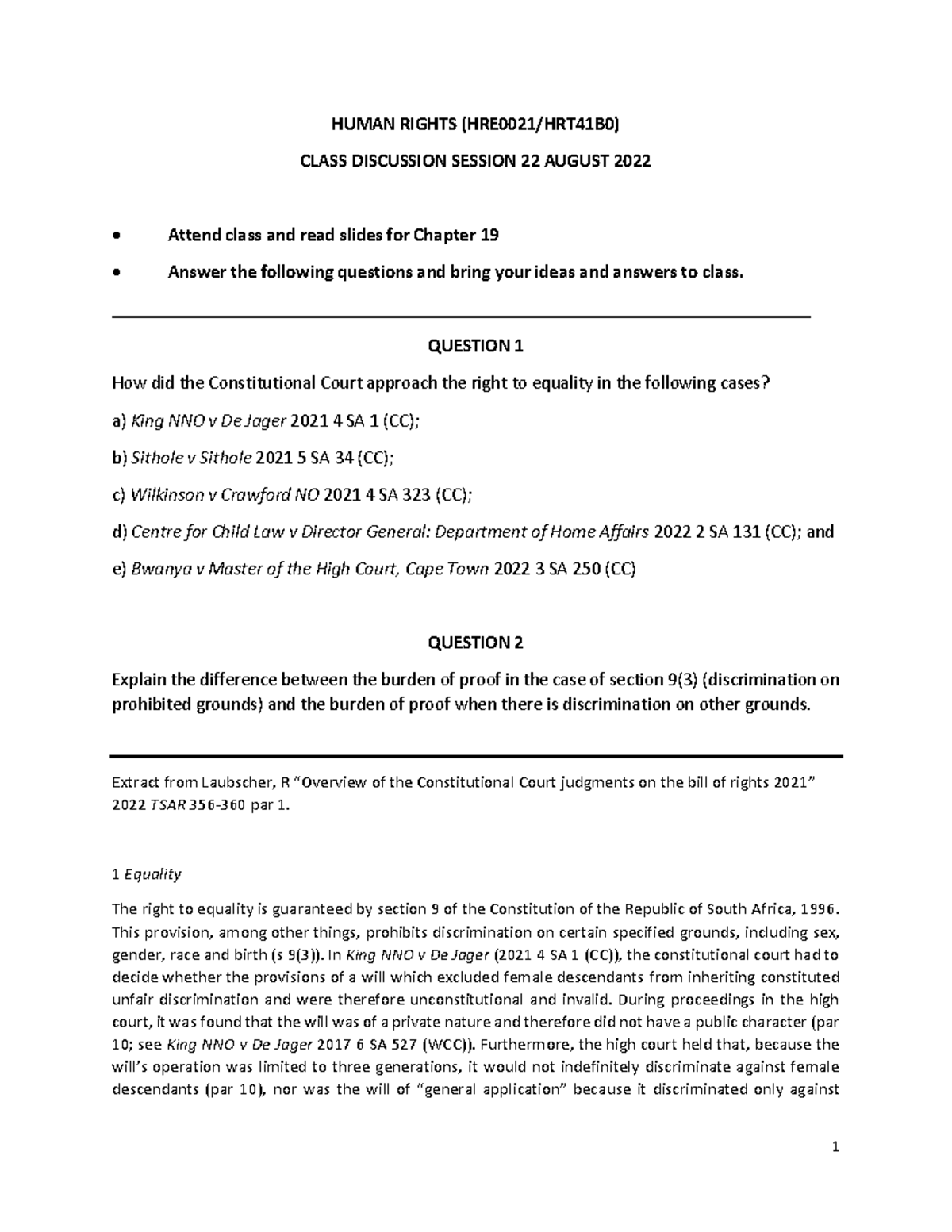 Chapter 19 class discussion - HUMAN RIGHTS (HRE0021/HRT41B0) CLASS ...