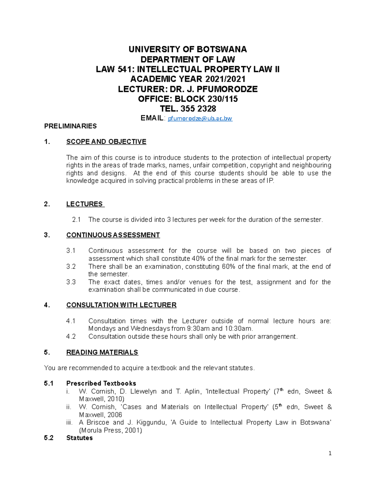 LAW 541 Intellectual Property LAW II Course Outline 2021 - UNIVERSITY ...