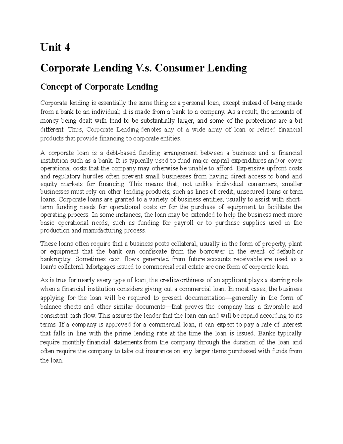 Unit 4 corporate and consumer lending - Unit 4 Corporate Lending V ...