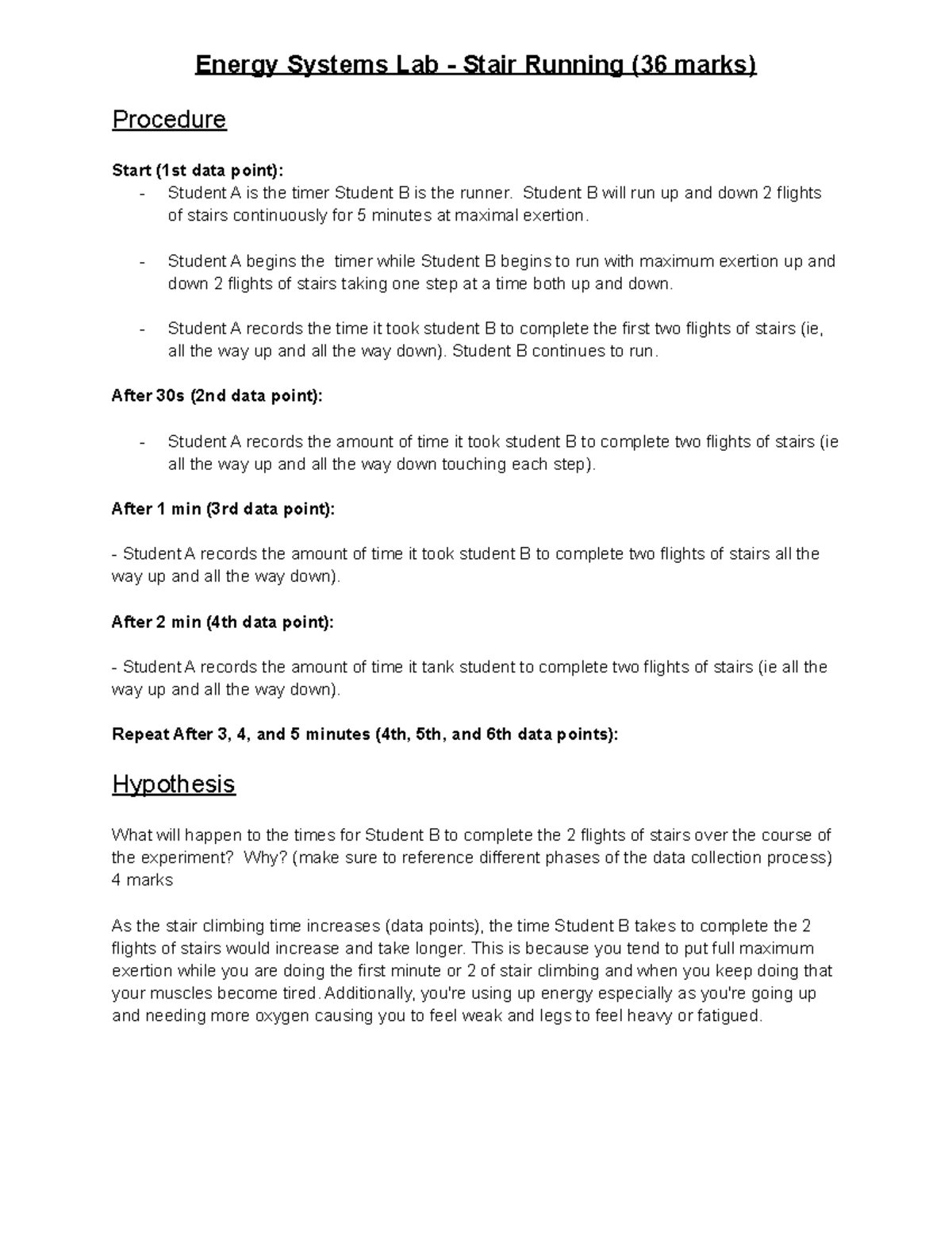 Energy Systems Lab - Stair Running: Student A is the timer Student B is ...