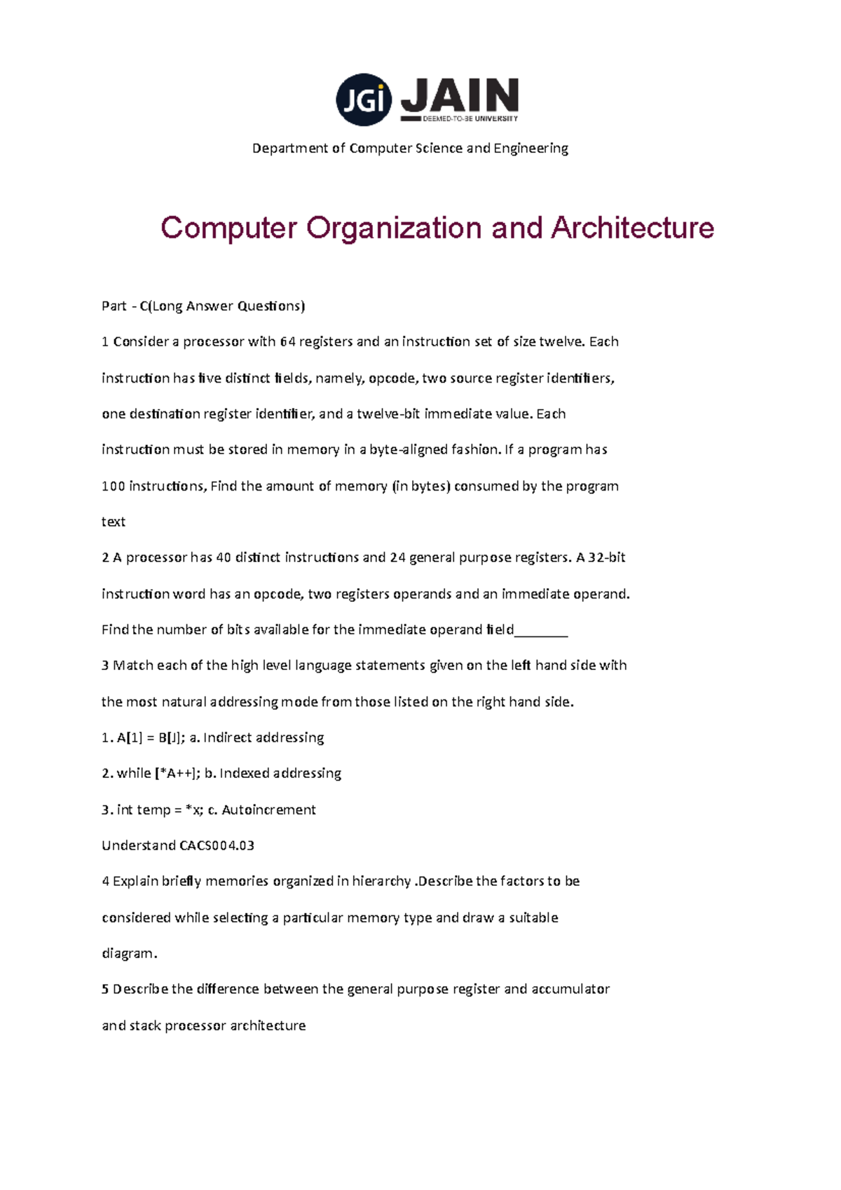 Module 1 long question - Department of Computer Science and Engineering Computer Organization ...