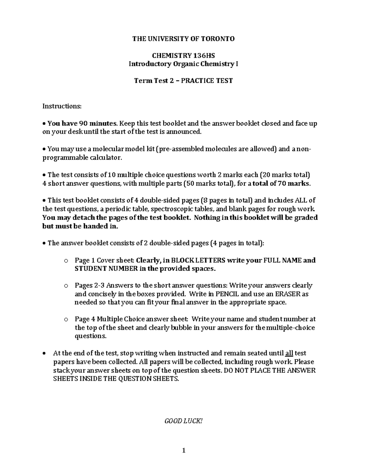 CHM136 H Winter 2024 TT2 Practice TEST - THE UNIVERSITY OF TORONTO ...