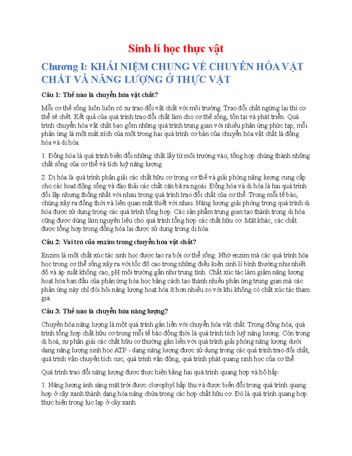 Sinh lí học thực vật - Sinh - Sinh lí học thực vật Chương I: KHÁI NIỆM ...