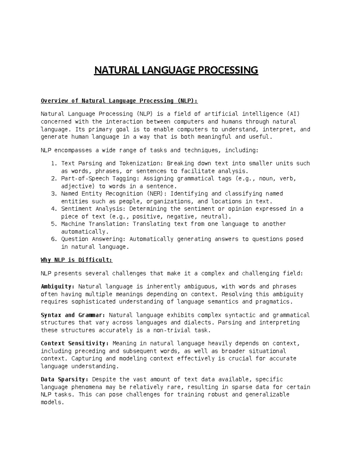 NLP Week 1 and 2 - NATURAL LANGUAGE PROCESSING Overview of Natural Language Processing (NLP ...