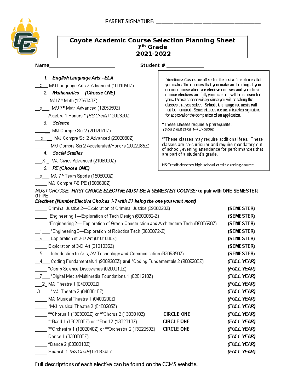 7th Grade Course Card - something - PARENT SIGNATURE