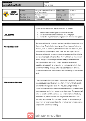 Lesson Plan Grade 8 Week 1 Appropriate Grammatical Signals suitable for ...