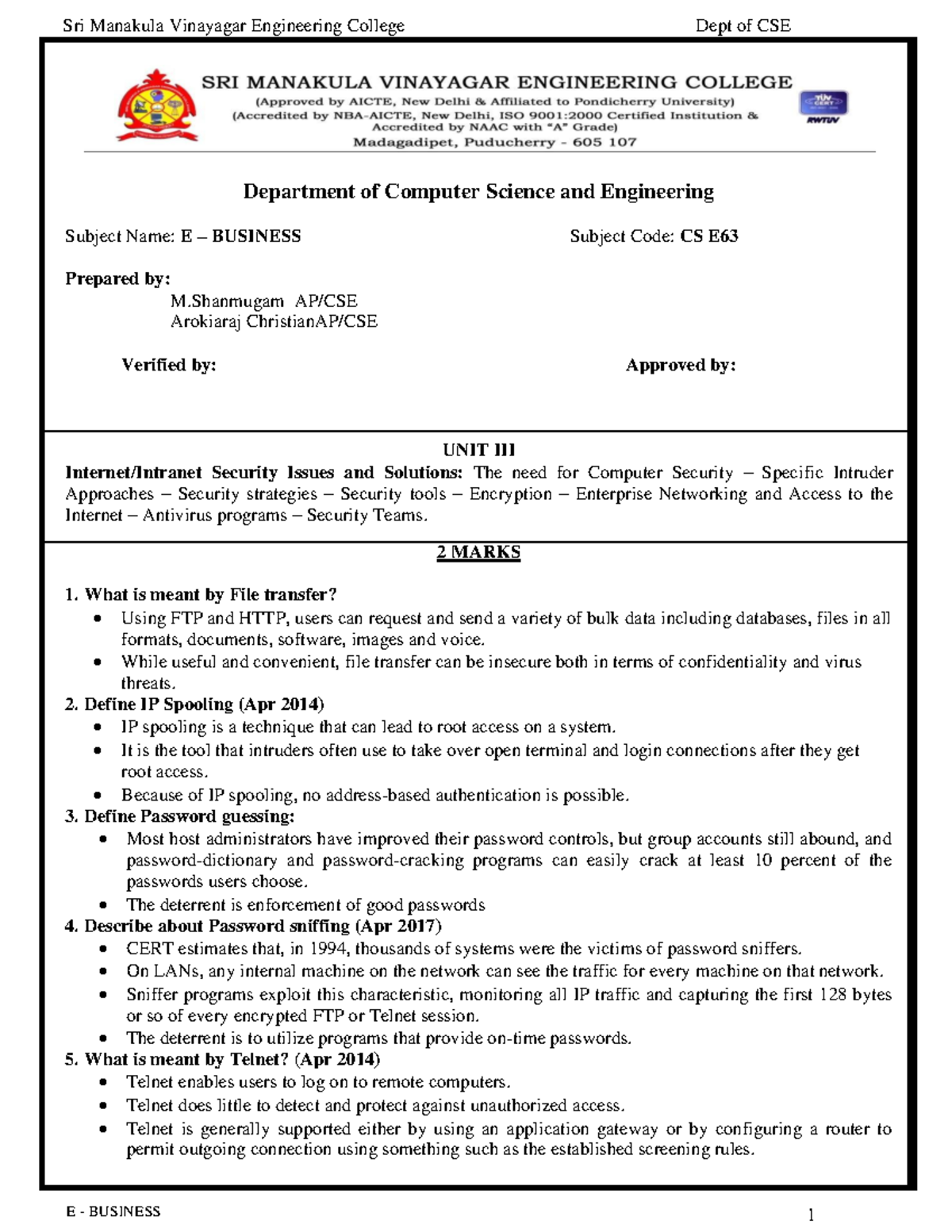 Unit Iii E Commerce Lecture Notes Department Of Computer Science And Engineering Subject