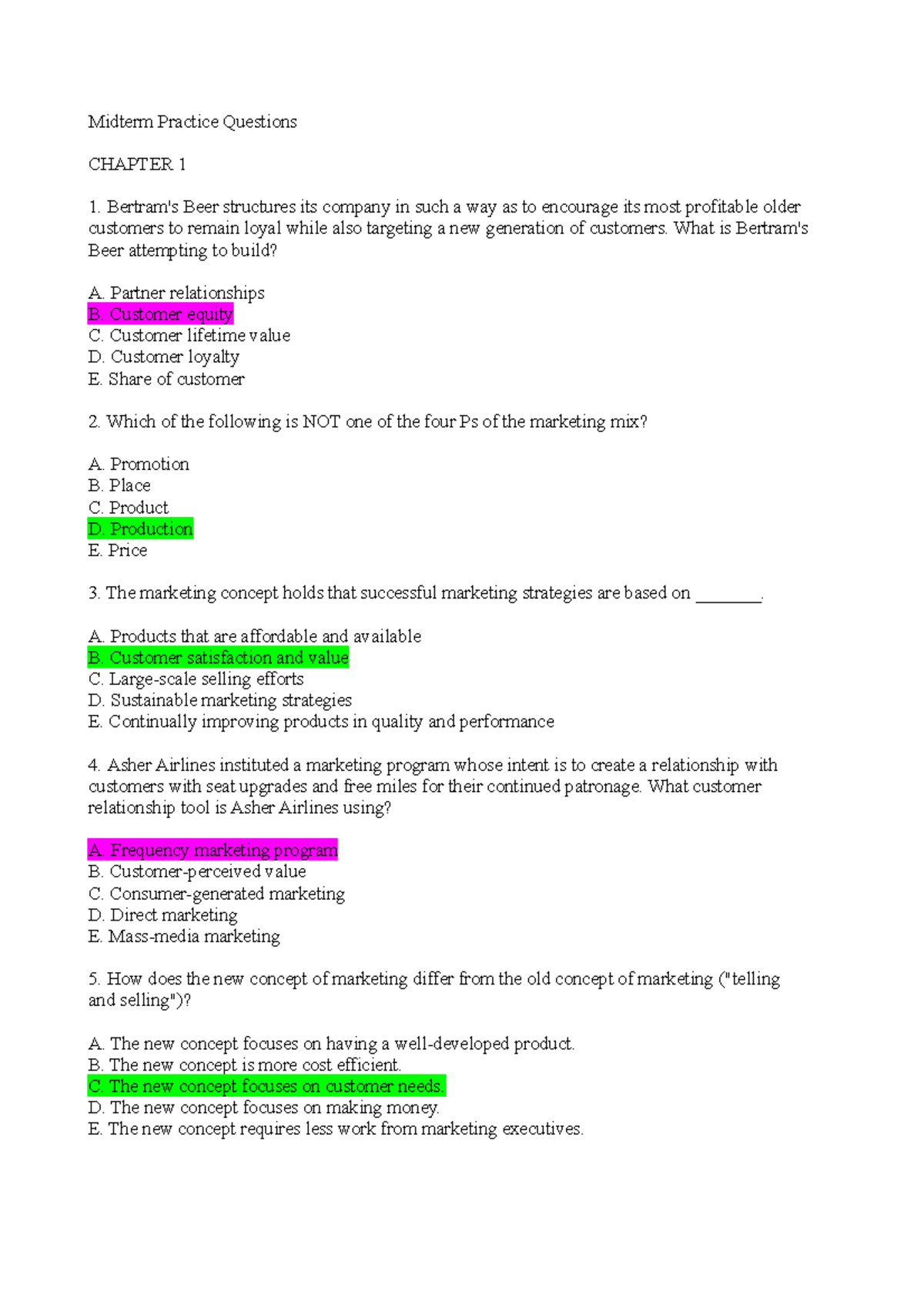 Midterm Practice MCQs - qwwwee - Midterm Practice Questions CHAPTER 1 Bertram's Beer structures ...