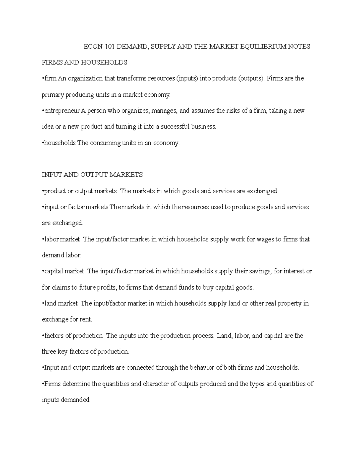 ECON 101 Demand, Supply AND THE Market Equilibrium Notes - ECON 101 ...