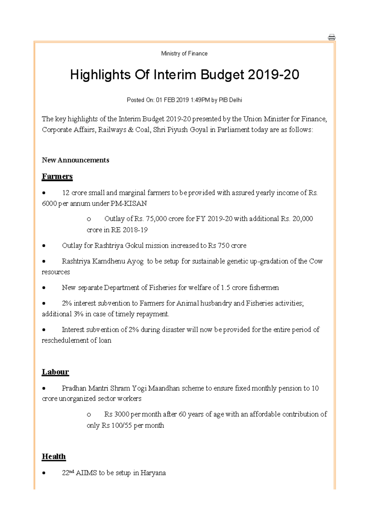 Interim Budget 2019-20 PIB Highlights - Ministry of Finance Highlights ...