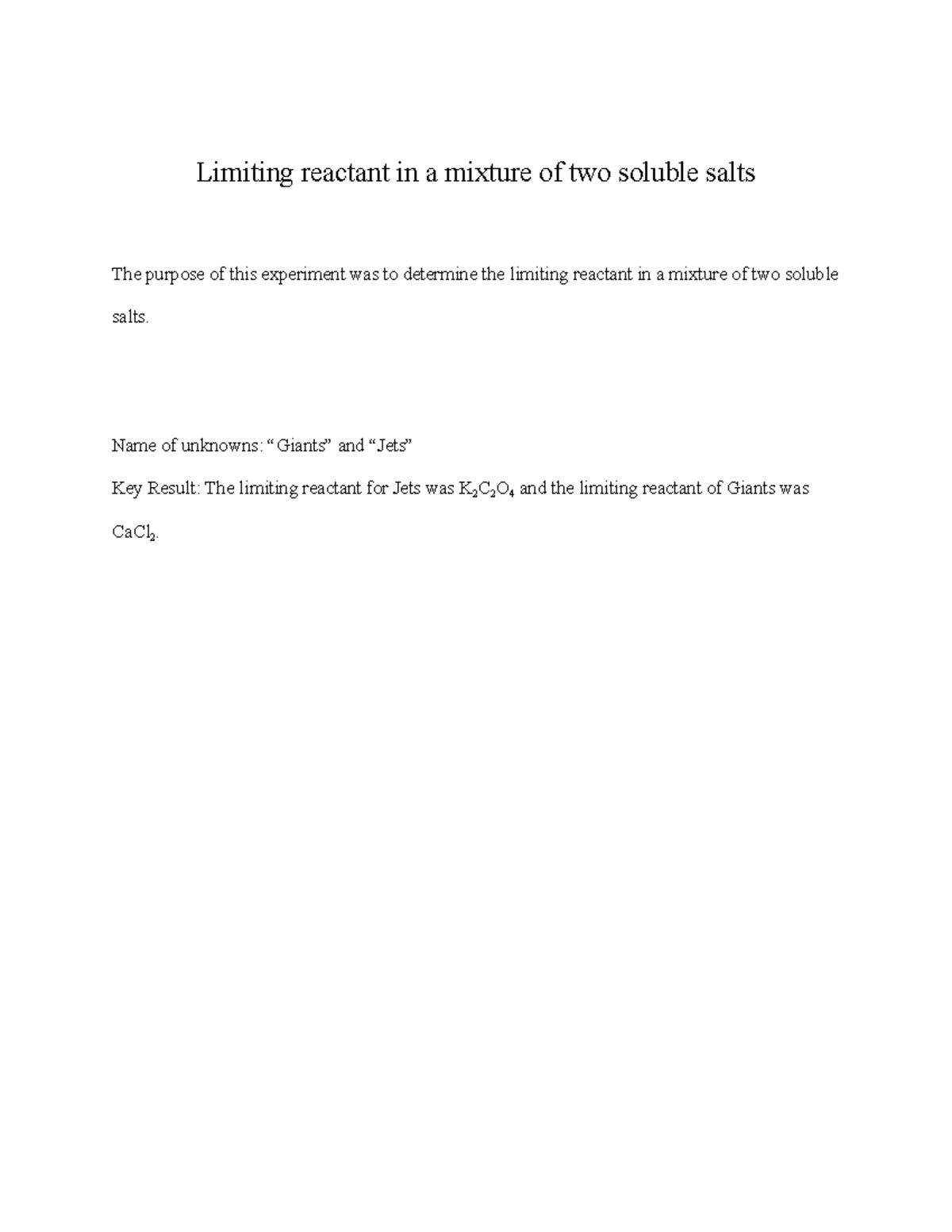 Experiment 8 Chemistry Lab - Limiting reactant in a mixture of two ...