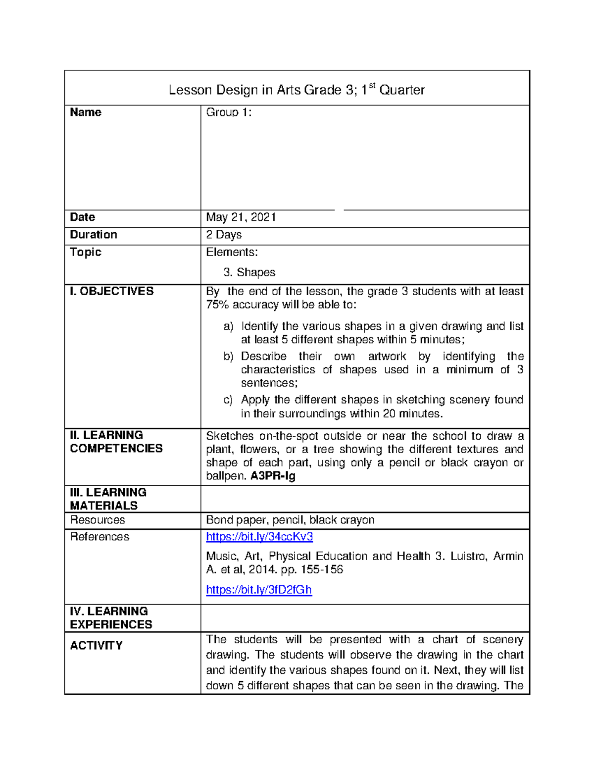 ARTS LP - lesson plan - Lesson Design in Arts Grade 3; 1 st Quarter ...