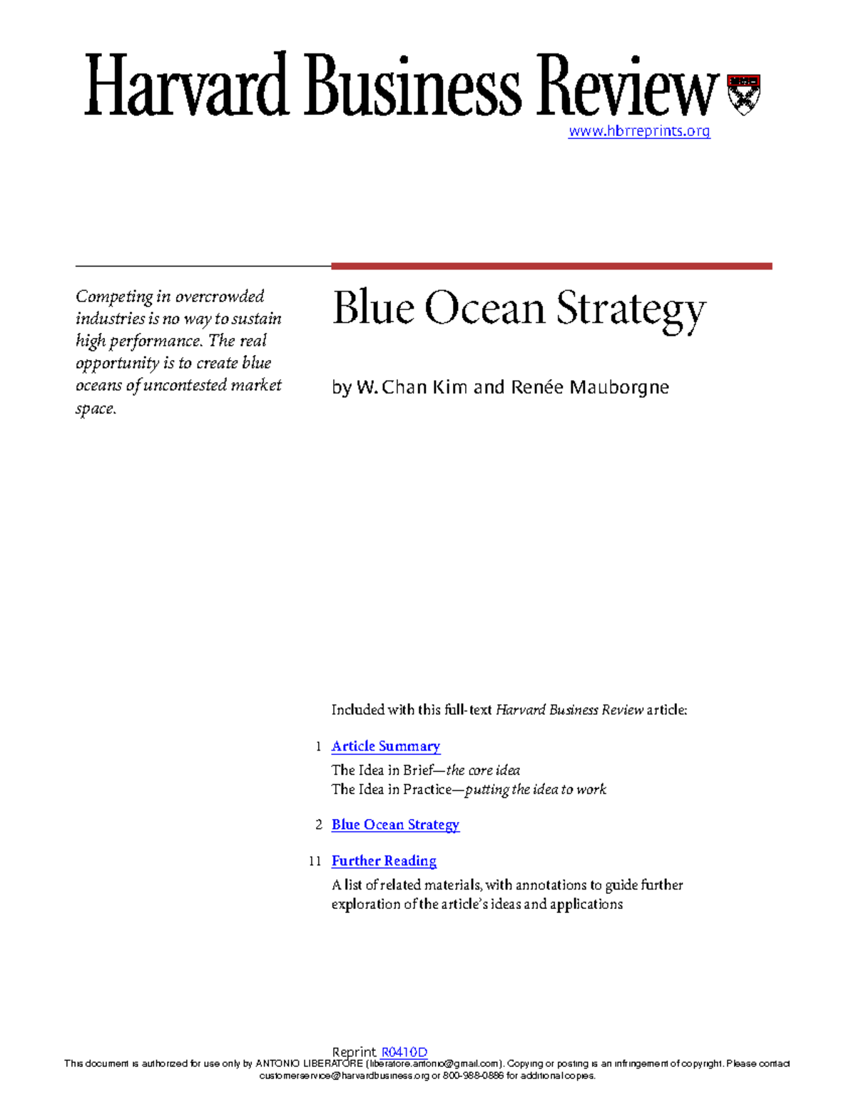 Blue ocean paper - READING - ####### hbrreprints Blue Ocean Strategy by ...