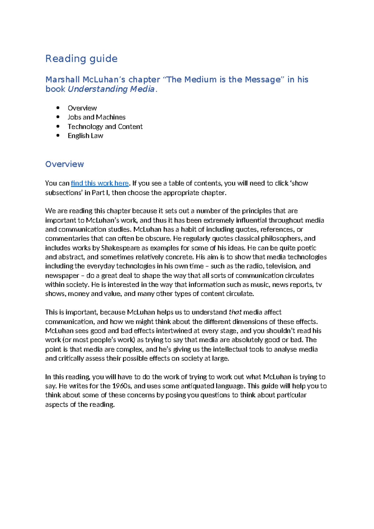 Reading Marshall Mc Luhan Chapter 1 - Reading guide Marshall McLuhan’s ...