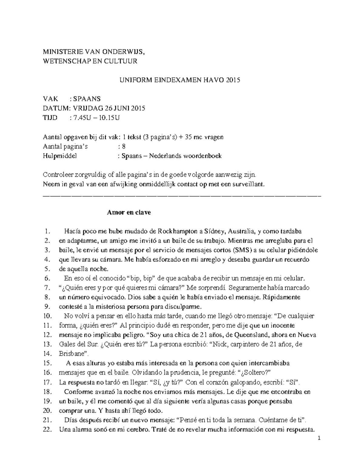 Eindex spaans 2015 havo - MINISTERIE VAN ONDERWIJS, WETENSCHAP EN ...
