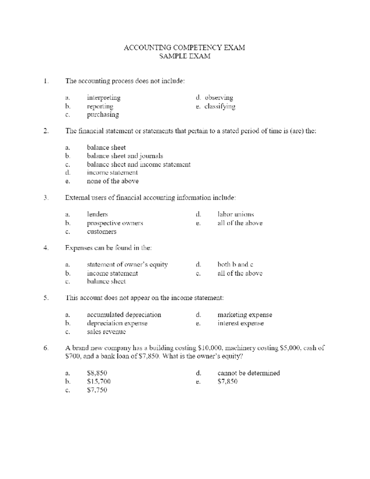 Accounting Competency EXAM Sample EXAM 2 The Financial Statement Or accounting-competency-exam-sample-exam-2-the-financial-statement-or