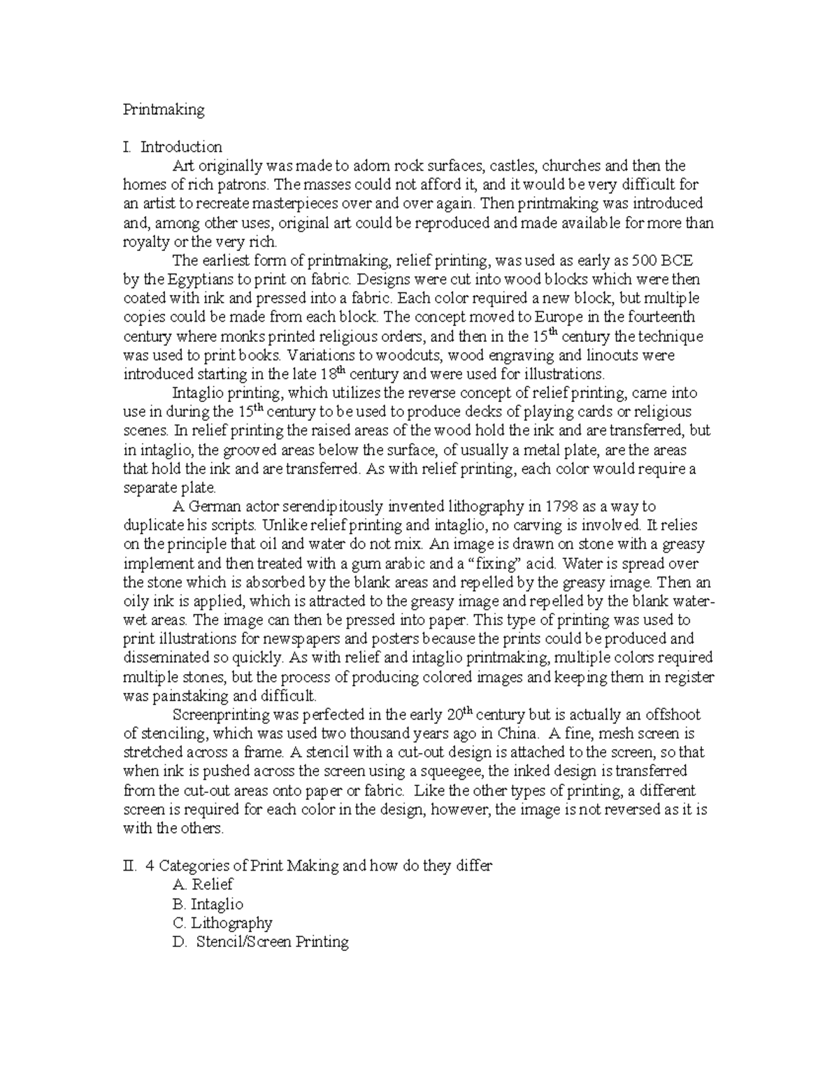 College Summer School Art Final Printmaking - Printmaking I ...