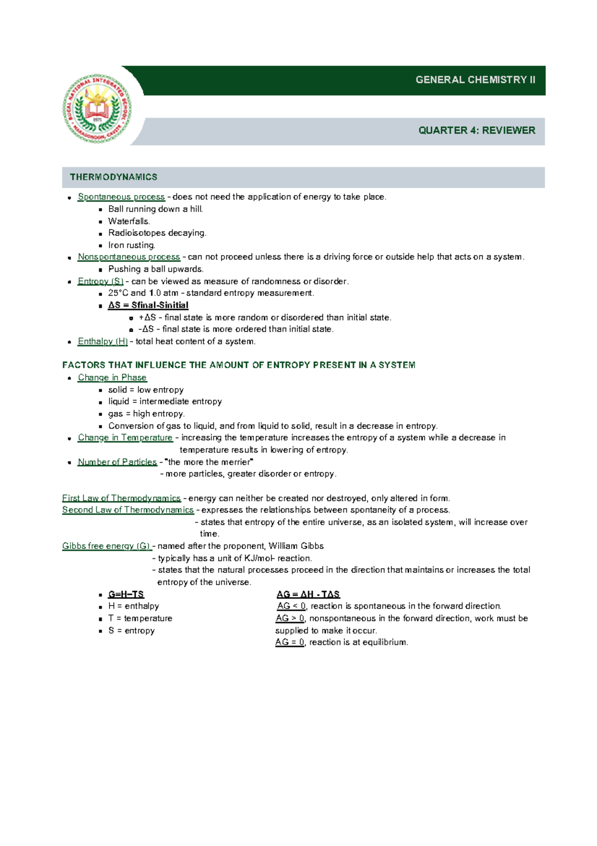 General Chemisty Reviewer - GENERAL CHEMISTRY II QUARTER 4: REVIEWER ...