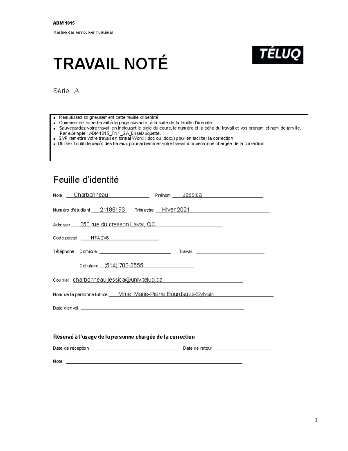 ADM1015 TN1 SA -gestion - Gestion des ressources humaines TRAVAIL NOTÉ ...